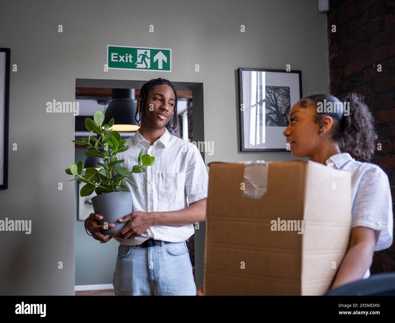 Teenage (16-17) boy and girl carrying things in new office Stock Photo ...