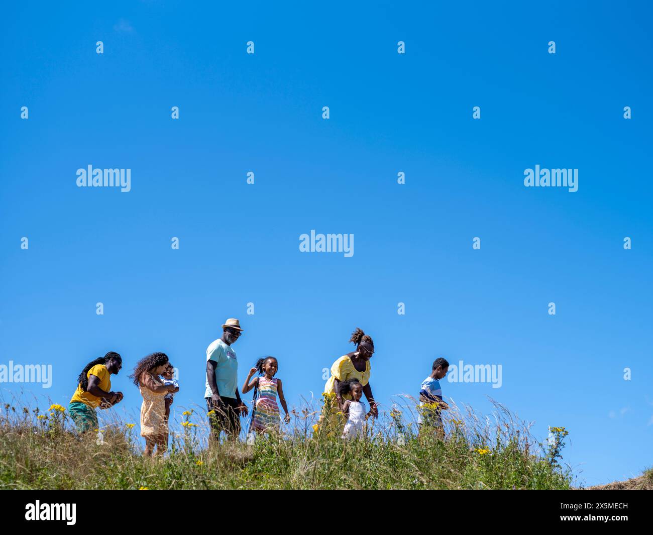 Family with children (12-17 months, 2-3, 6-7, 8-9) on summer walk Stock ...