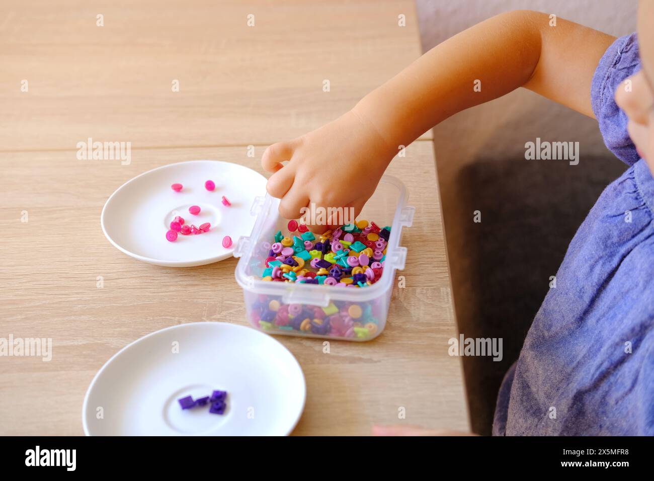 smart small child, toddler counts, sorts small plastic chips color, kid ...