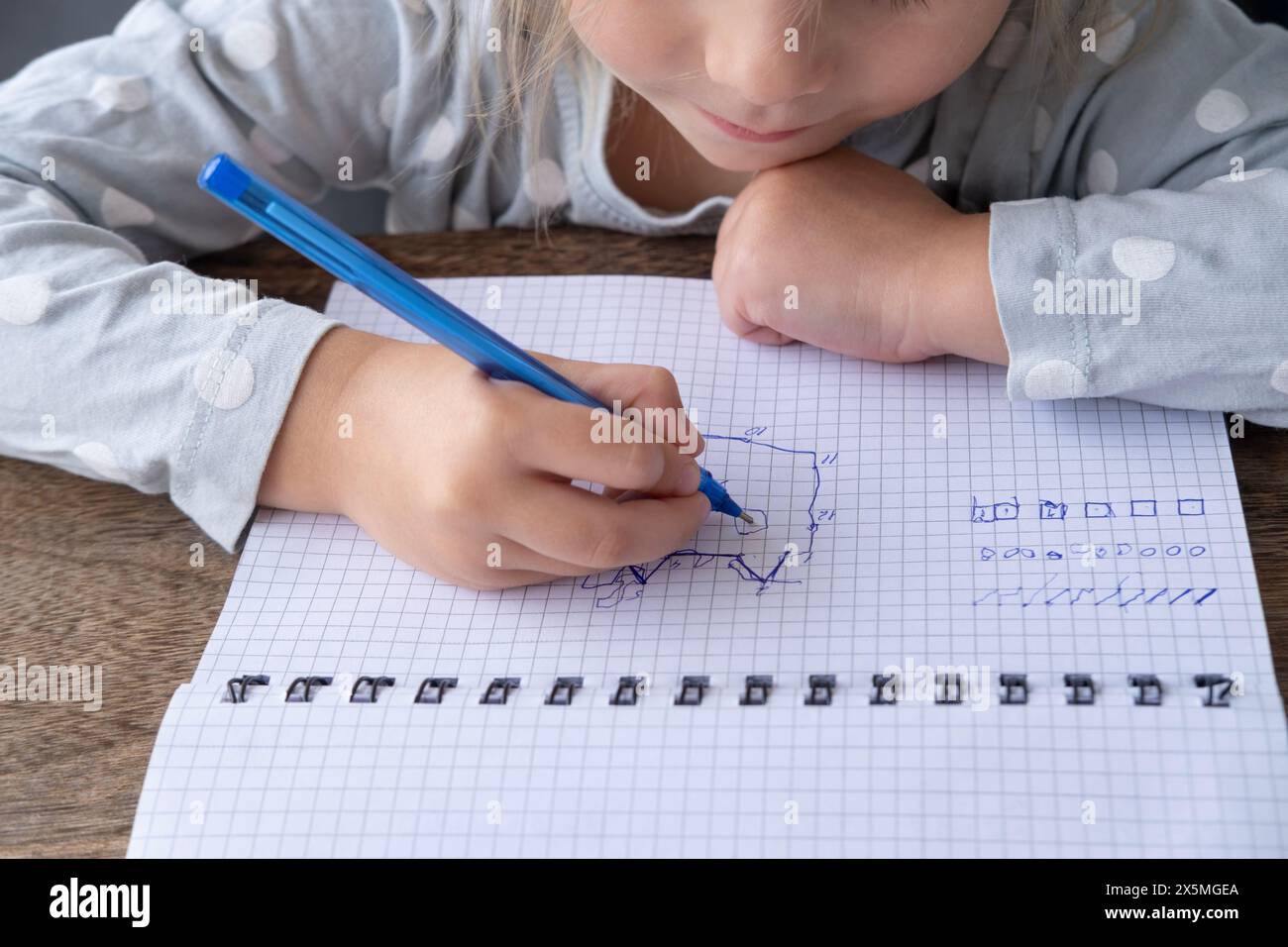 preschool girl draws graphic dictation in checkered notebook, Writing ...