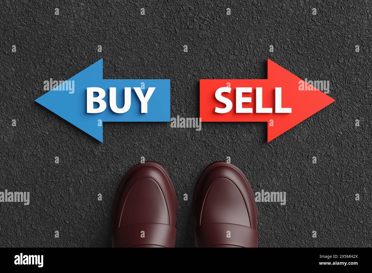 Person with brown shoes standing in front of a blue left arrow with the ...