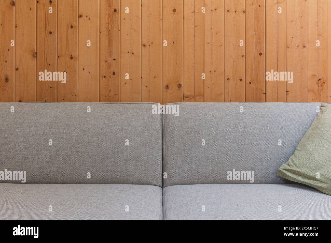 Detail of modern couch against wood panel wall Stock Photo - Alamy