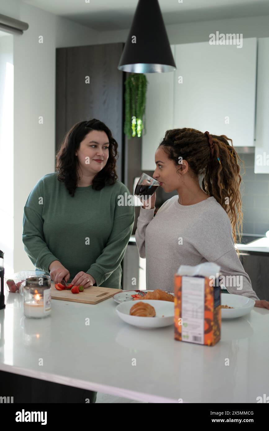 Two women preparing meal in kitchen Stock Photo - Alamy