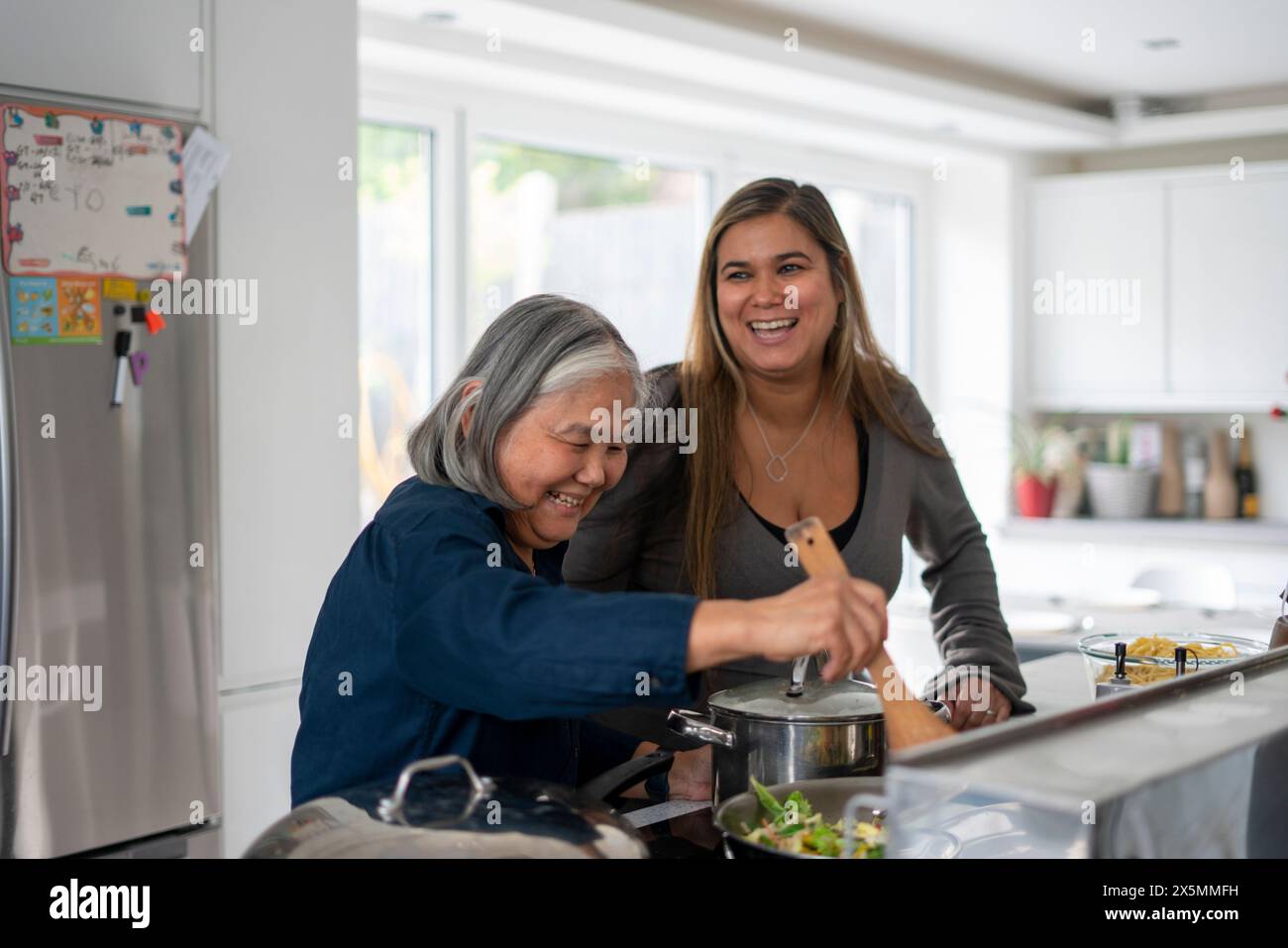 Two women preparing meal in kitchen Stock Photo - Alamy