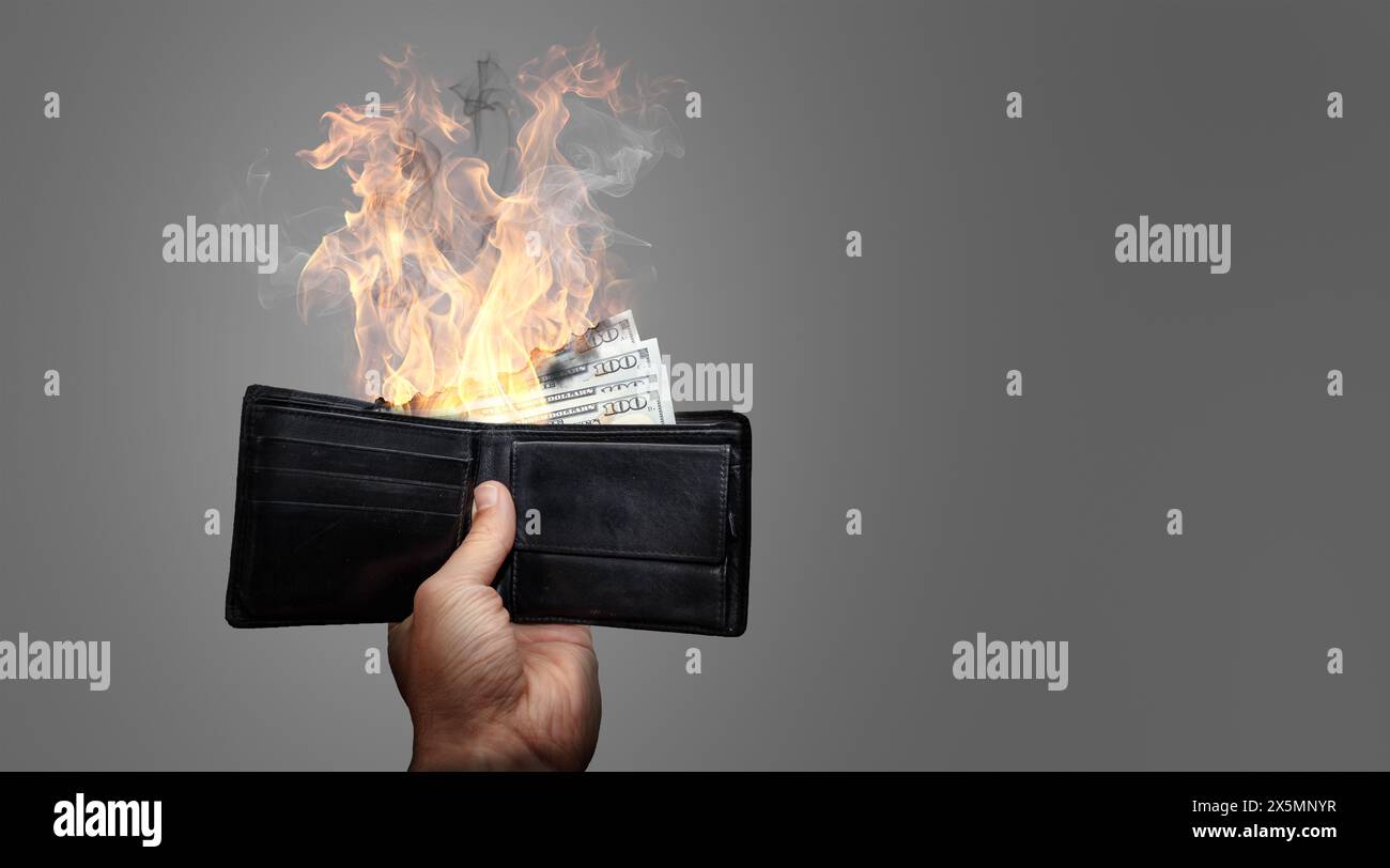 Dollar banknotes burning in flames and smoke showing inflation and ...