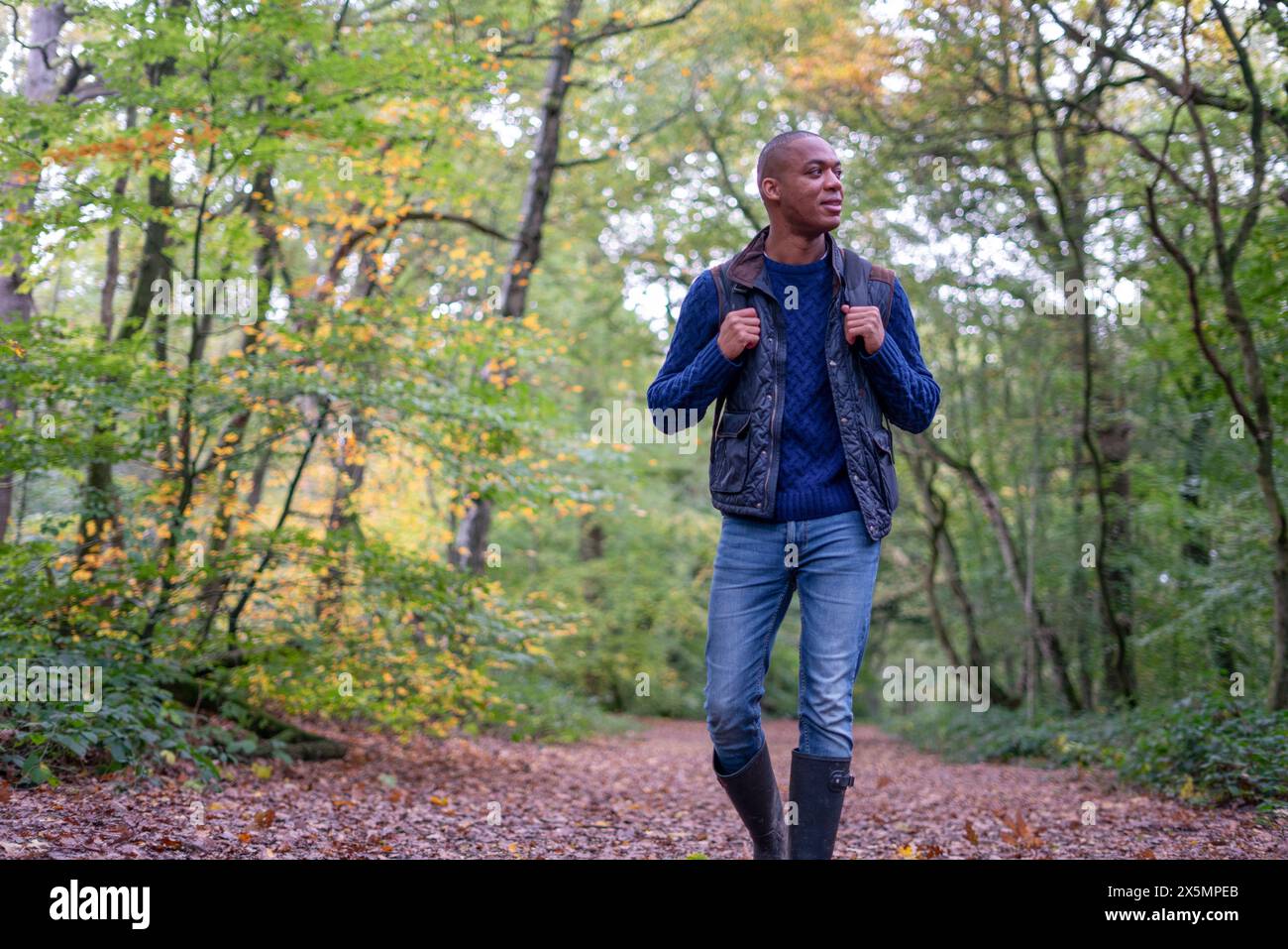 Man taking nature walk in forest at autumn Stock Photo - Alamy