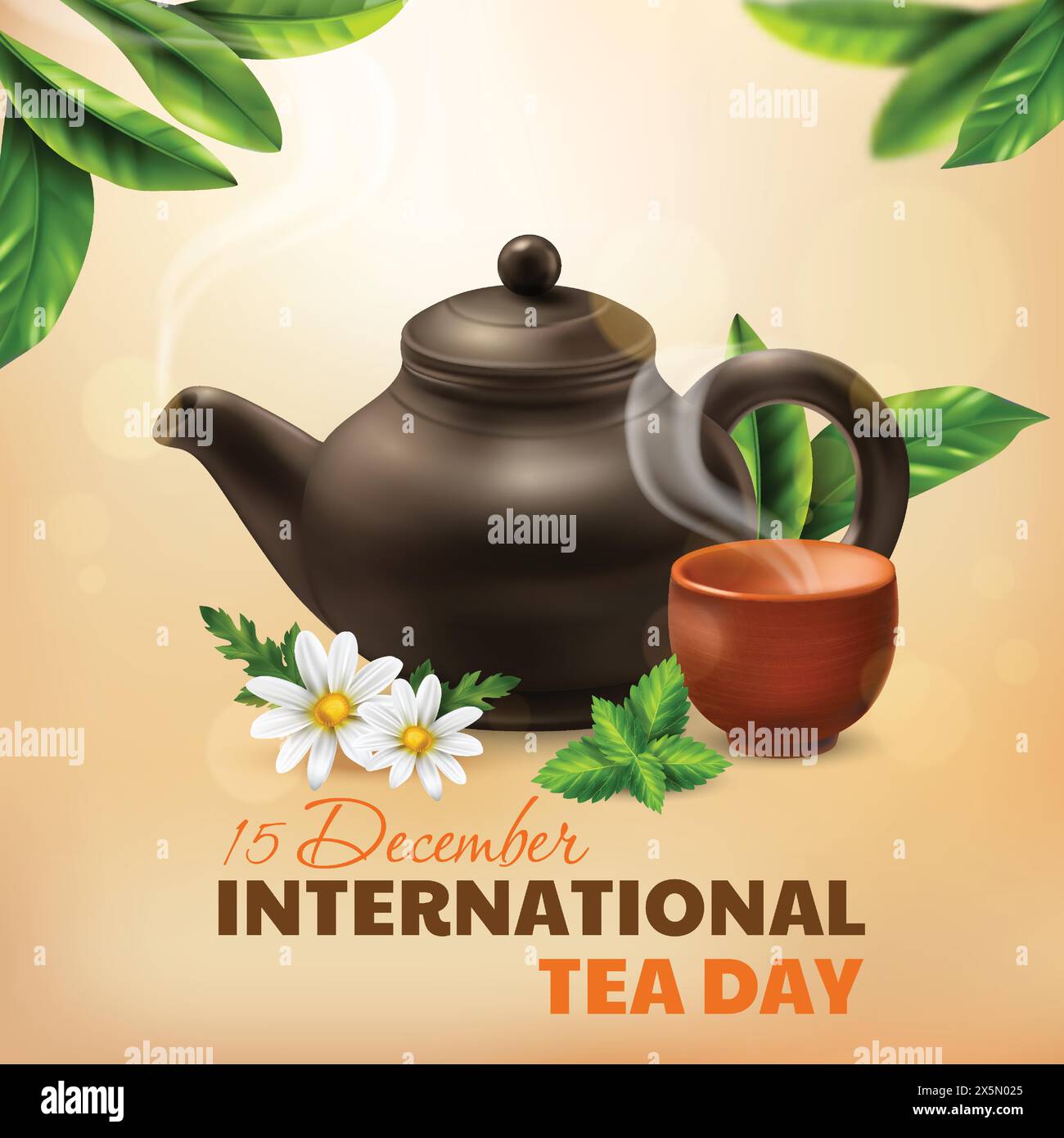 International tea day poster with clay teapot and steaming cup ...
