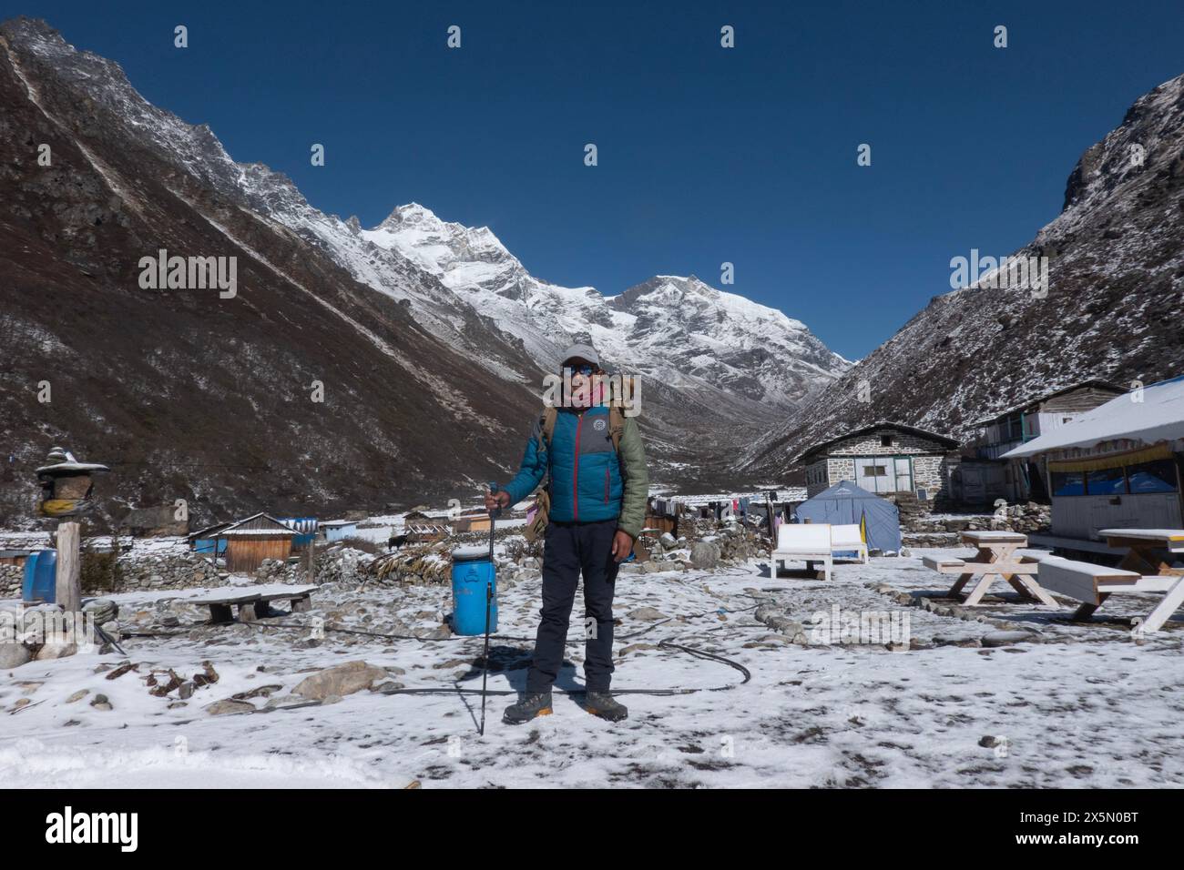Enjoying the mountain views from the teahouse village of Kambachen on the Kangchenjunga ...