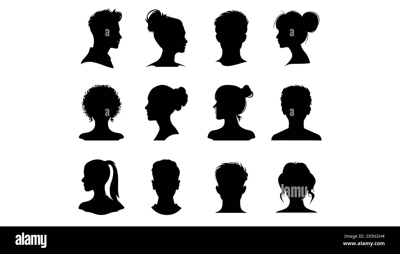 Male and female head silhouettes avatar set. Vector illustration black ...
