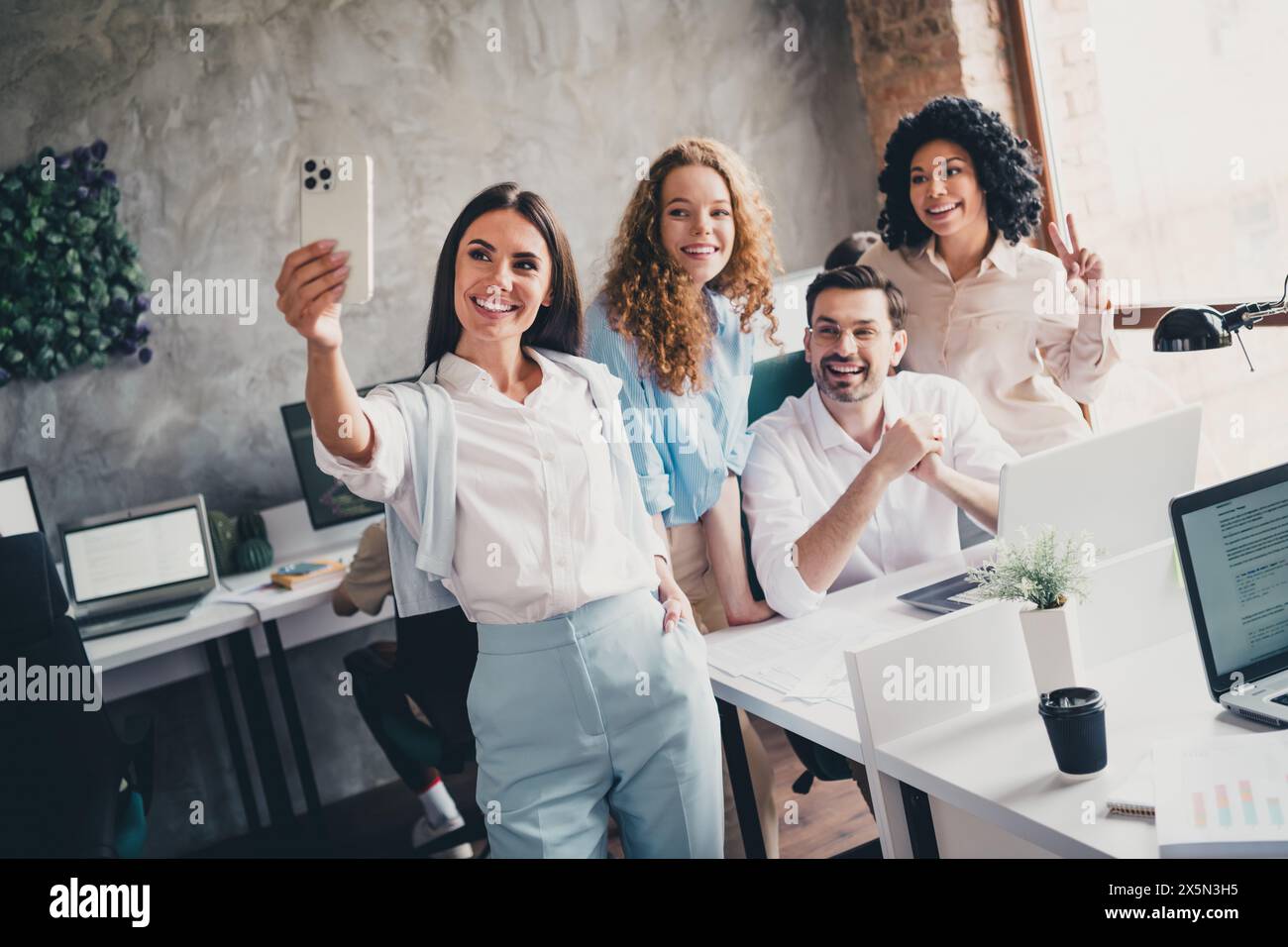 Photo of take selfie photo teamwork young people working together ...