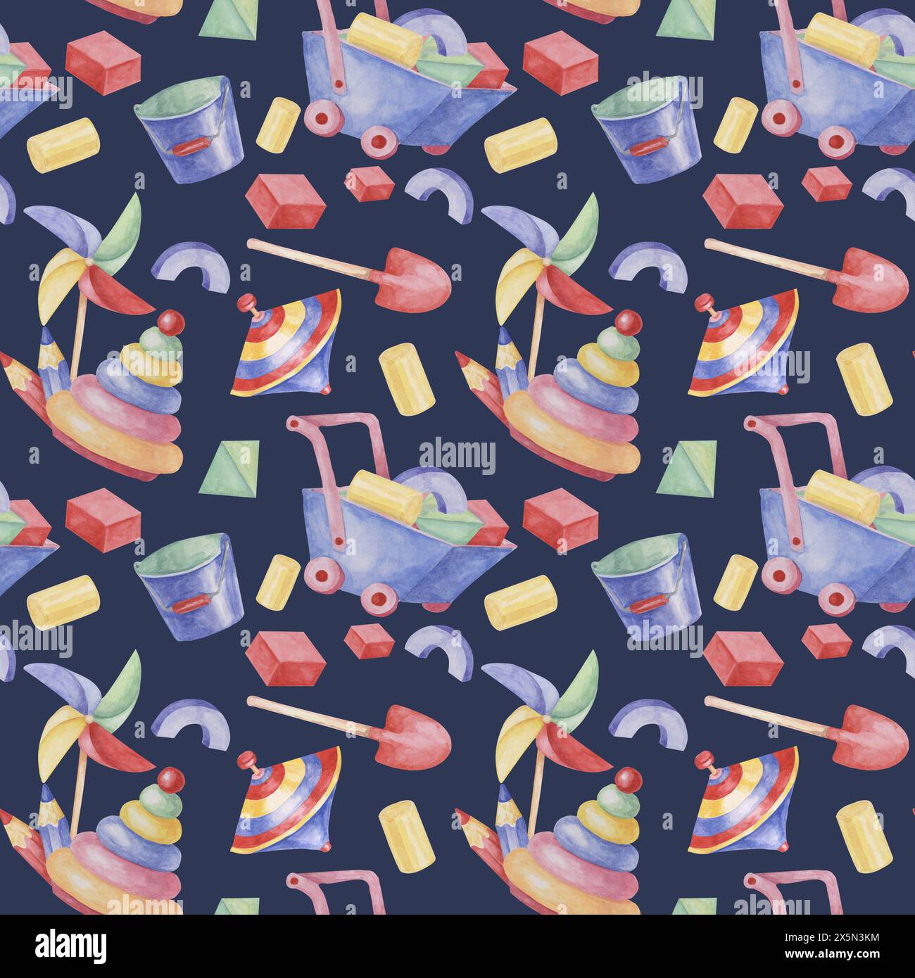 Baby seamless pattern with wheelbarrow, bucket, shovel, stack rings ...