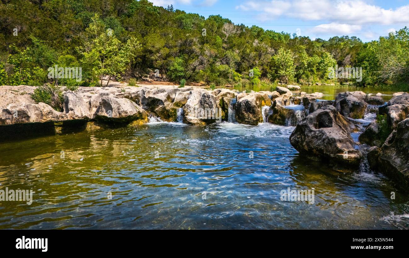 Scenic aerial view of Sculpture Falls via Barton Creek Greenbelt Trail ...