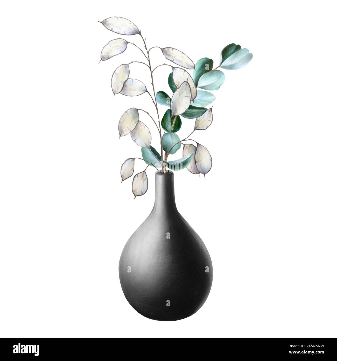 Black antique ceramic vase with eucalyptus and lunaria branches ...