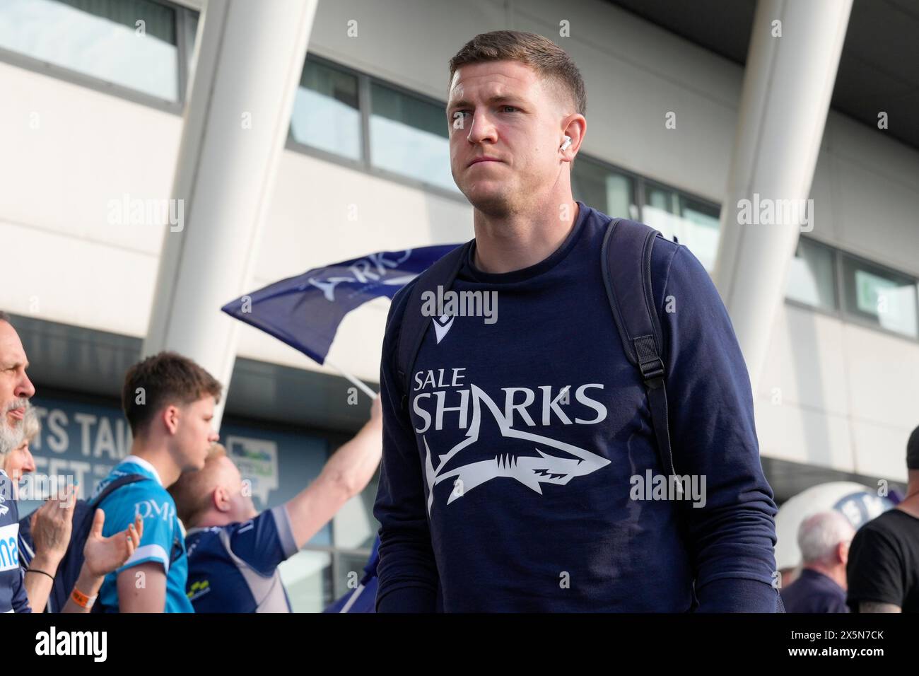 Sale Sharks full back Sam James arrives at the stadium before the ...