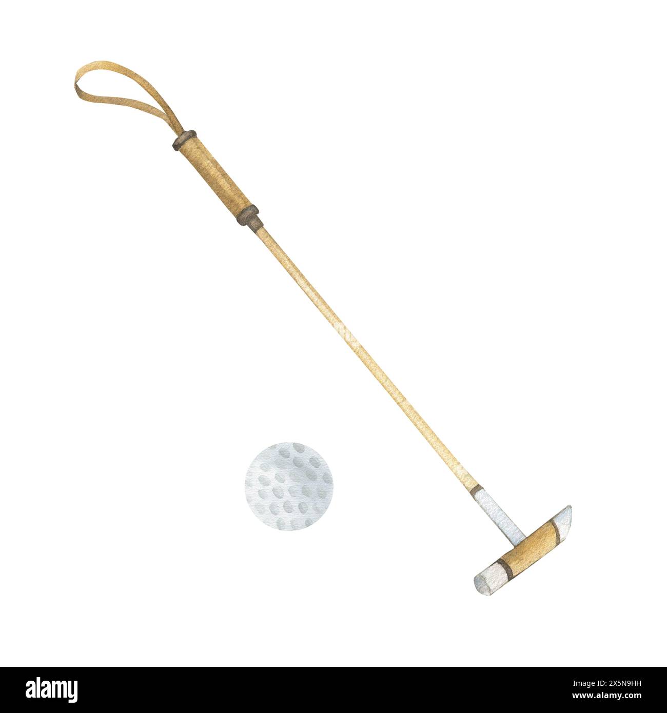 Watercolor illustration of a horse polo stick and ball. Isolated. For ...