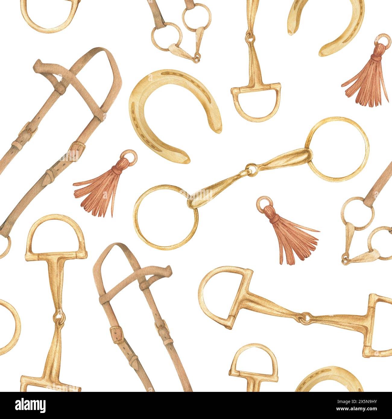 Seamless pattern with watercolor illustration of golden snaffle, bridle ...
