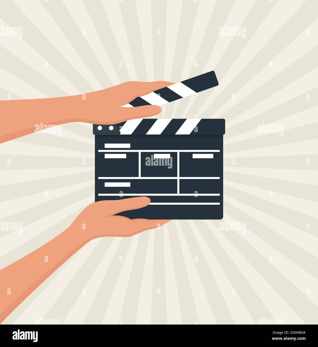 Hands holding black clapper board on beige background, flat vector ...