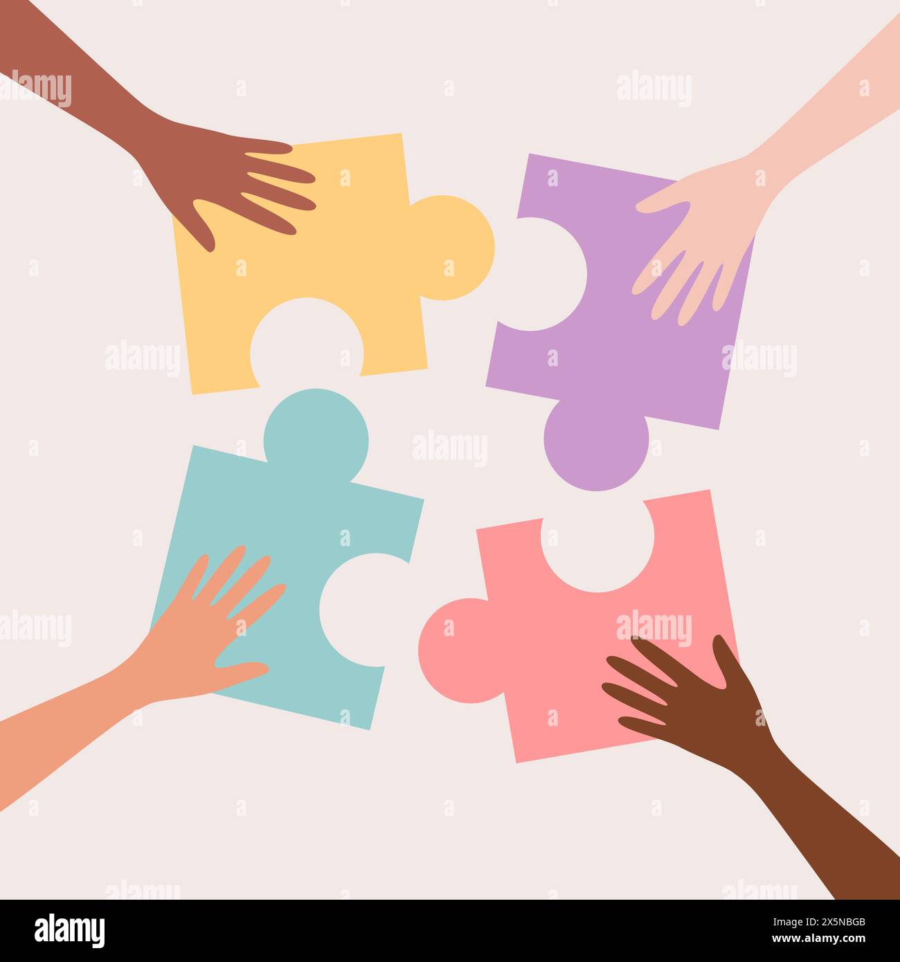 Hands of people of different nationalities putting together colorful ...