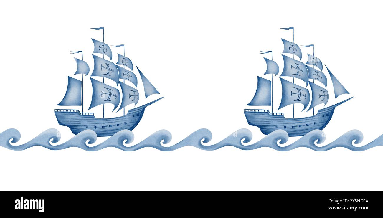 An old sailing ship on stylized waves seamless border,simple silhouette ...