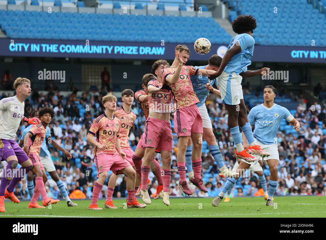 Freddie Lane (Leeds United U18) wins a header during the FA Youth Final ...