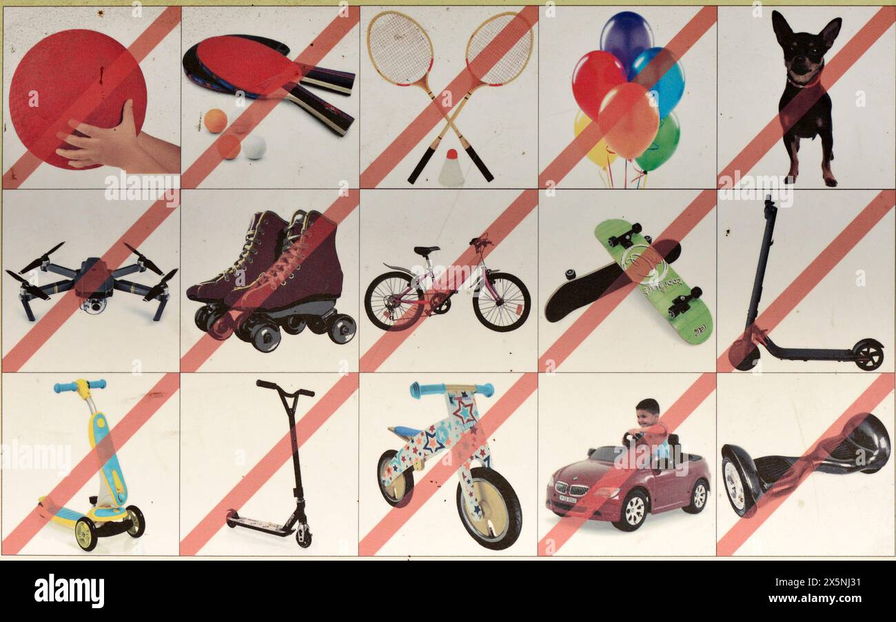 Warning sign restrictions notice board with restricted items and ...