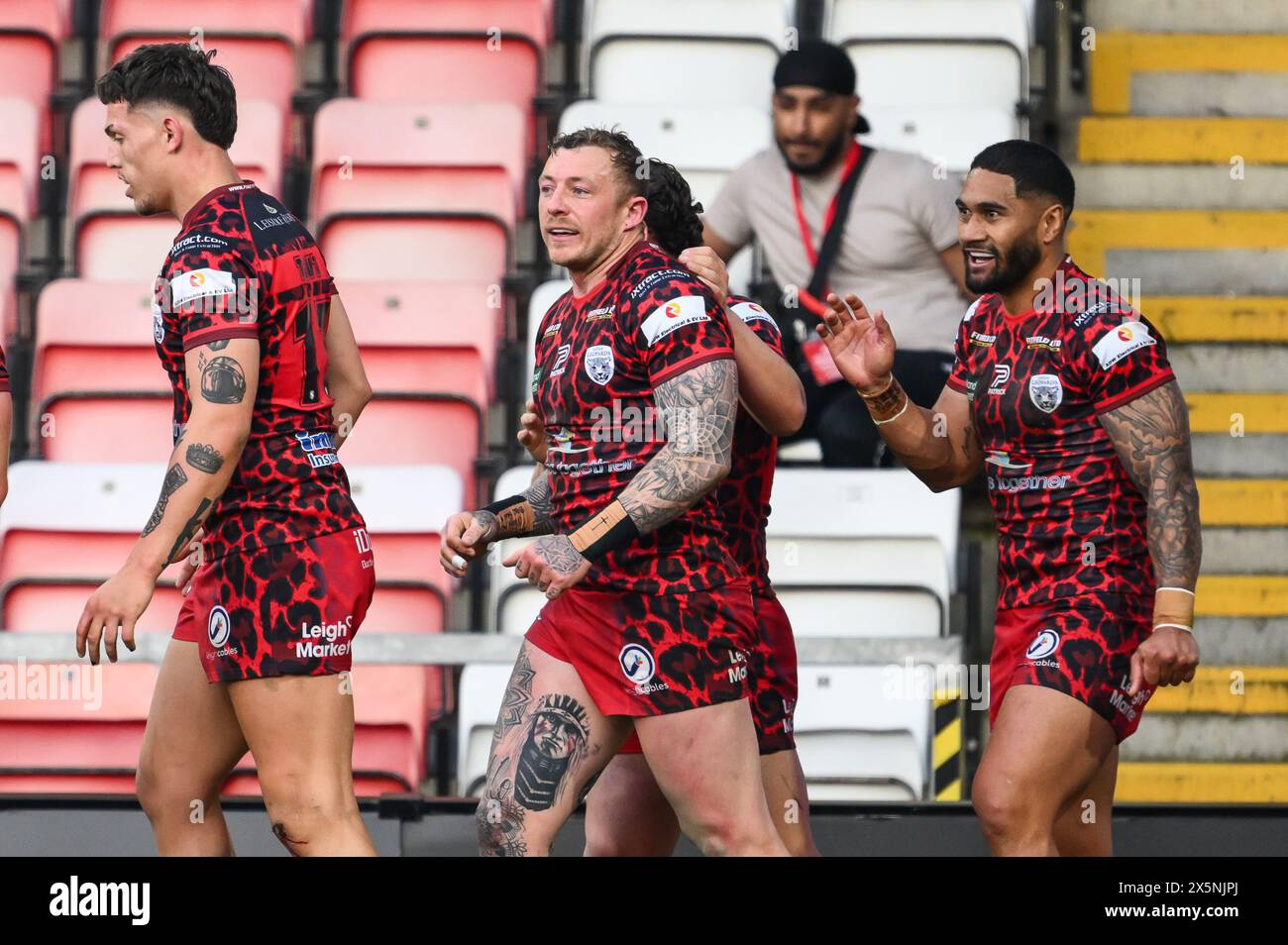 Josh Charnley of Leigh Leopards celebrates his try during the Betfred ...