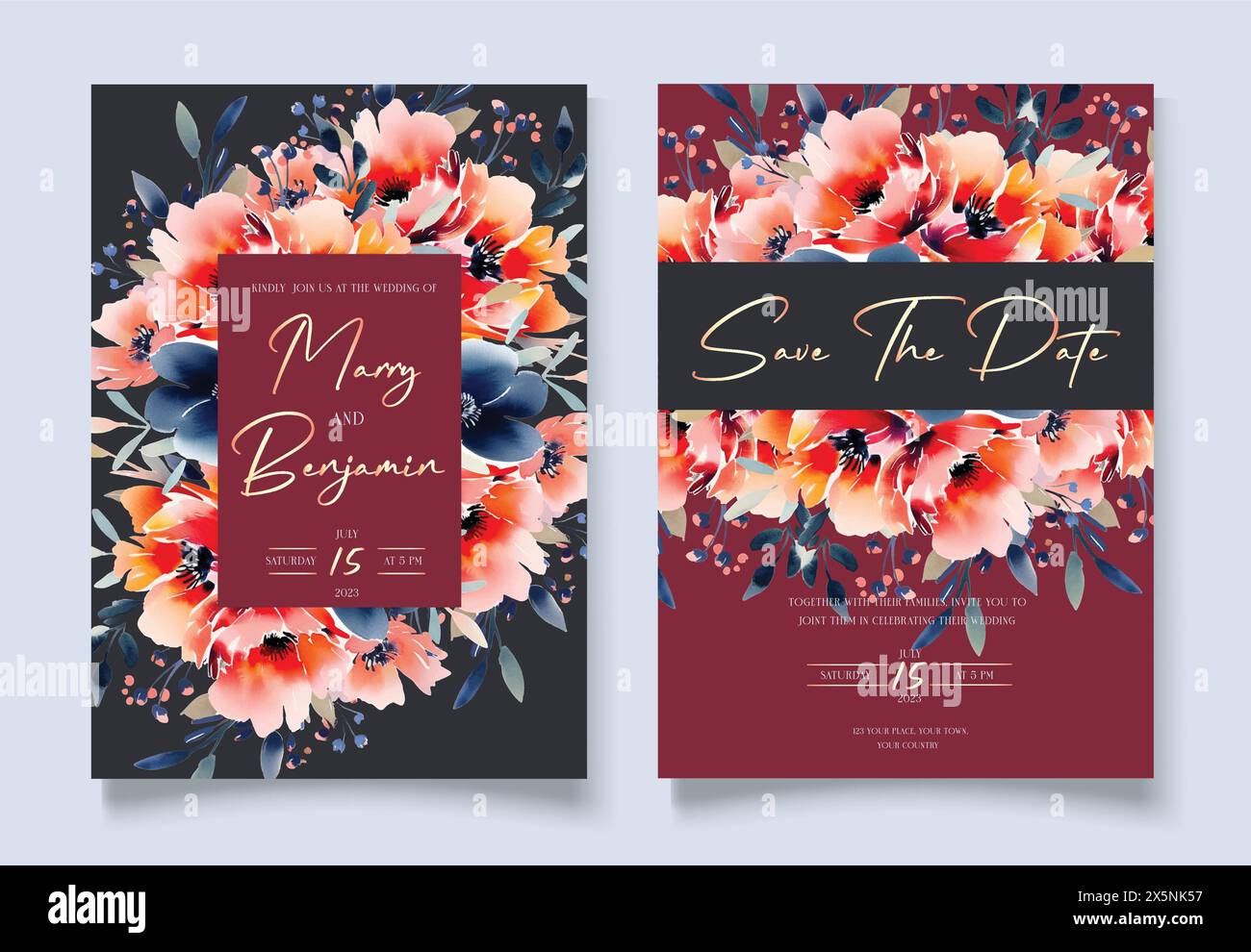 Wedding floral invite, invitation save the date card design with red ...