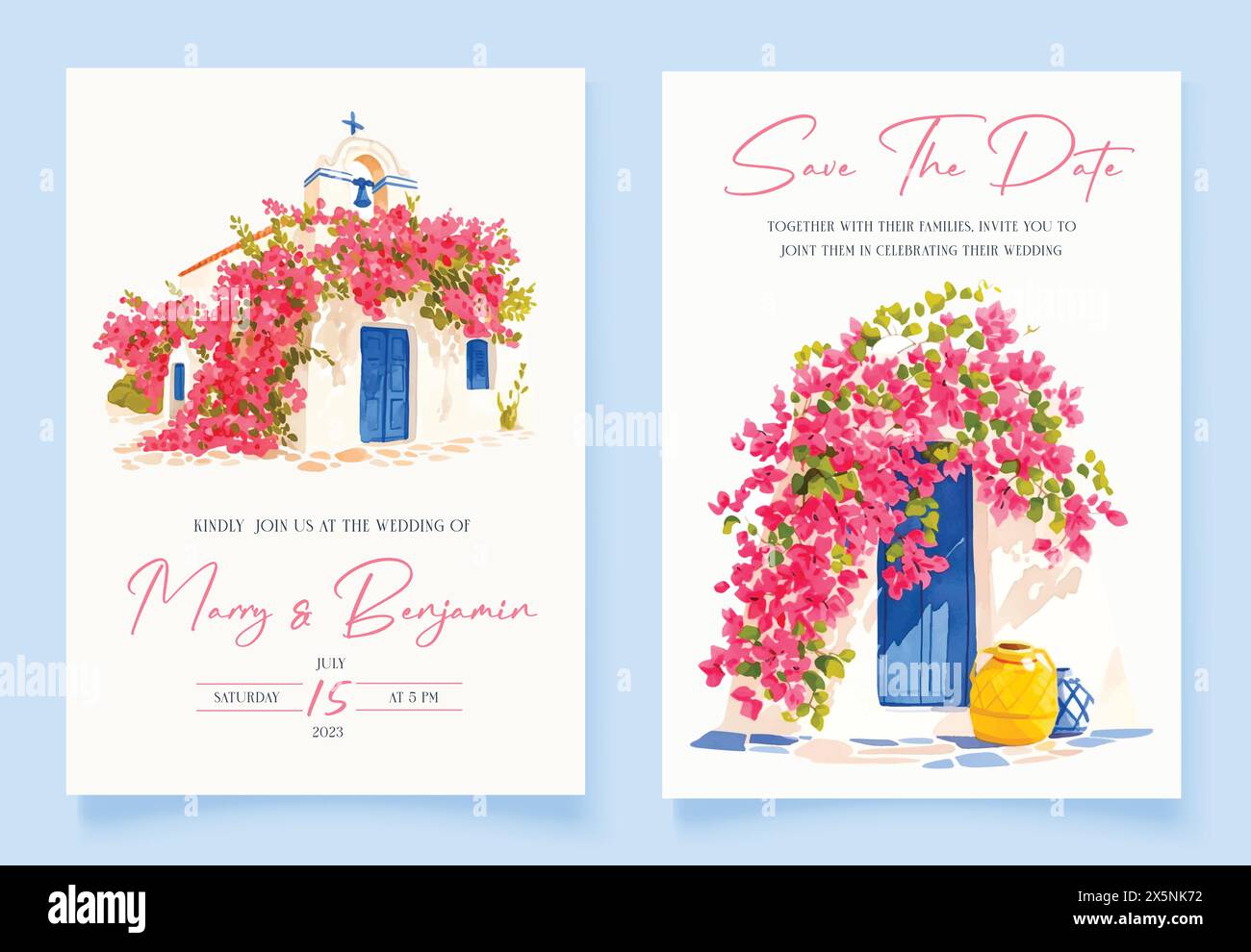 Wedding invitation with hand drawn watercolor spring pink bougainvillea ...