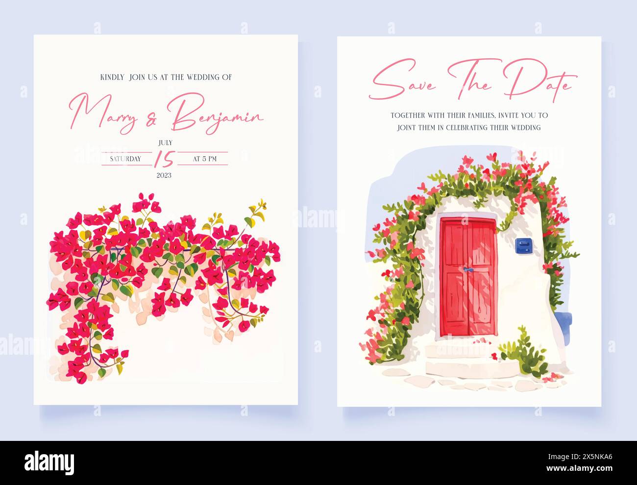 Wedding invitation with hand drawn watercolor spring pink bougainvillea ...