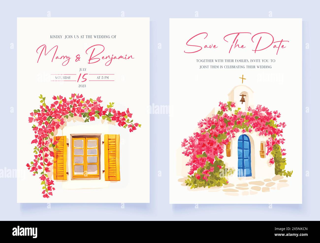 Wedding invitation with hand drawn watercolor spring pink bougainvillea ...