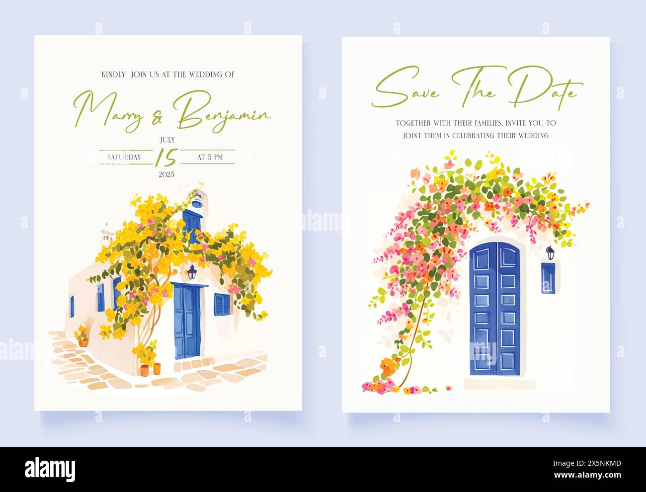 Wedding invitation with hand drawn watercolor spring pink bougainvillea ...