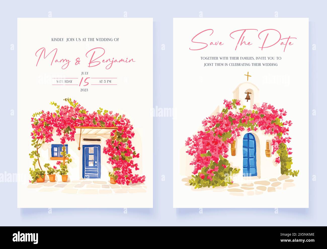 Wedding invitation with hand drawn watercolor spring pink bougainvillea ...