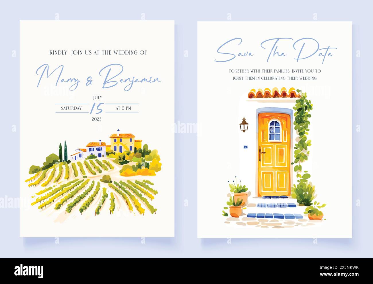 Wedding invitation of nature landscape with wooden door view watercolor ...