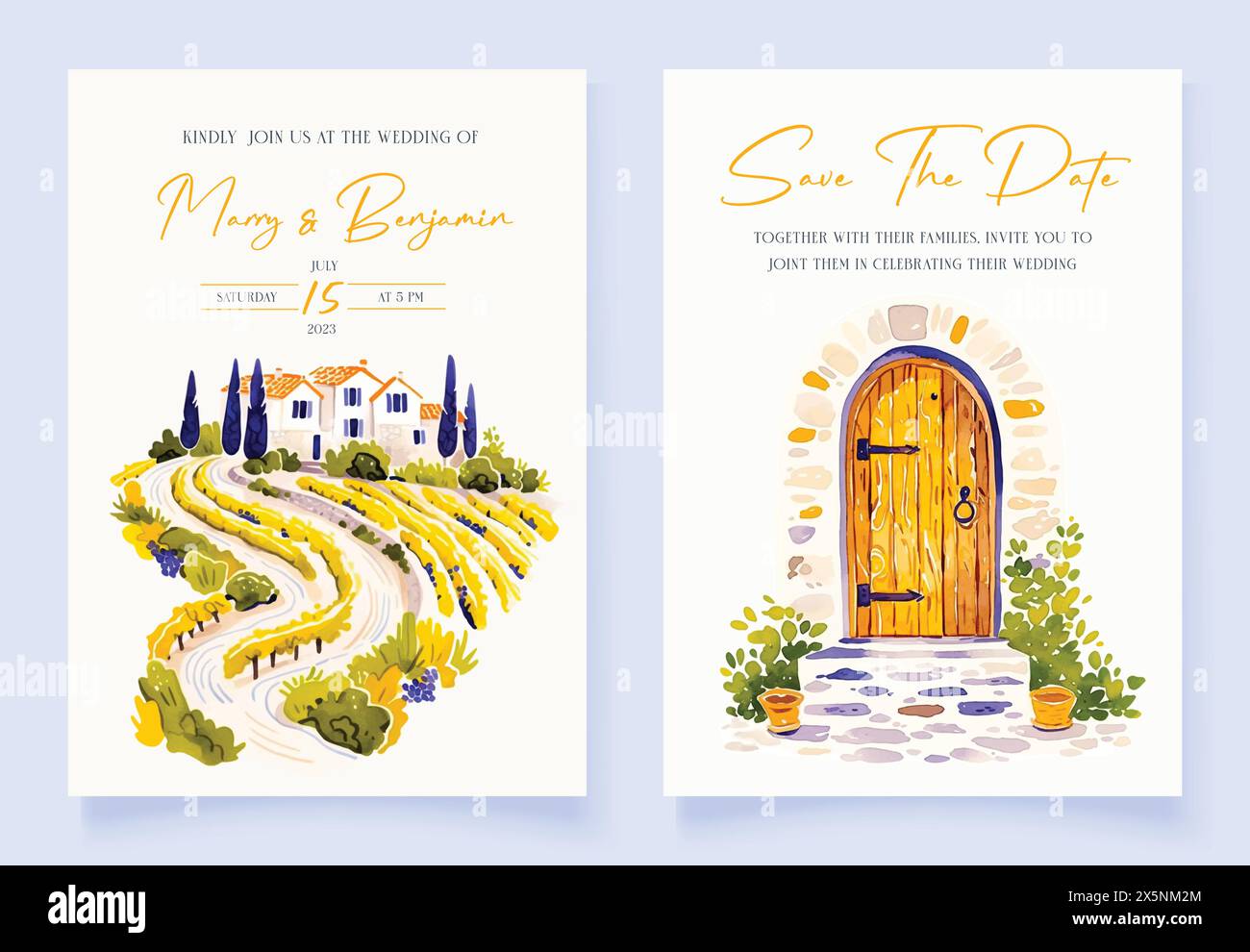 Wedding invitation of nature landscape with wooden door view watercolor ...