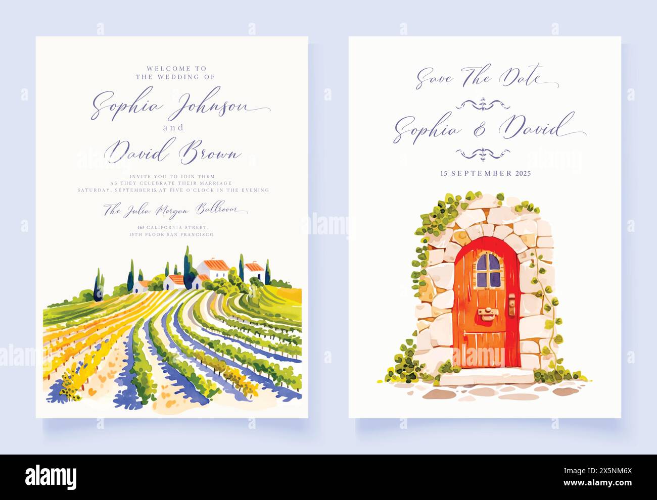 Wedding invitation of nature landscape with wooden door view watercolor ...