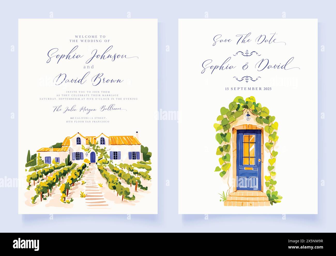 Wedding invitation of nature landscape with wooden door view watercolor ...