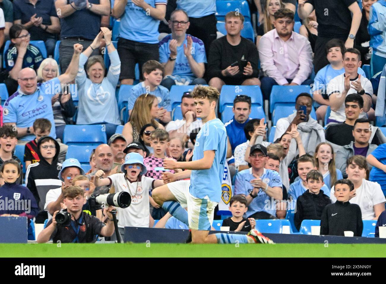 Matty Warhurst of Manchester City celebrates his goal to make it 4-0 ...