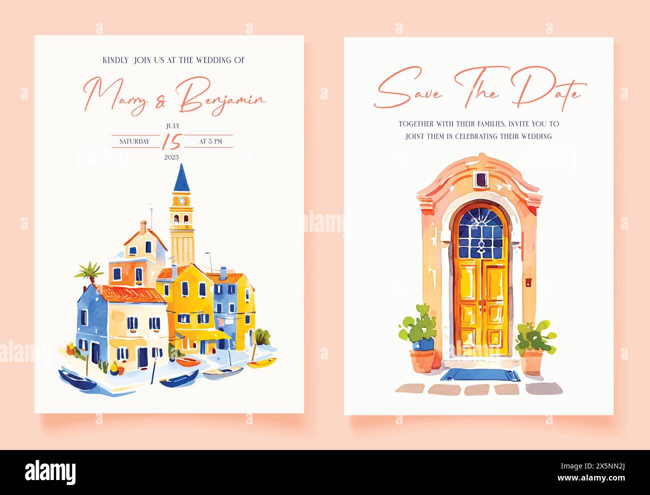 Wedding invitation of nature Italian landscape with wooden door view ...