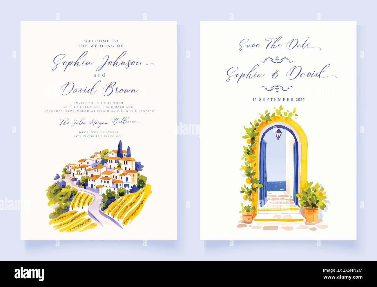 Wedding invitation of nature landscape with wooden door view watercolor ...