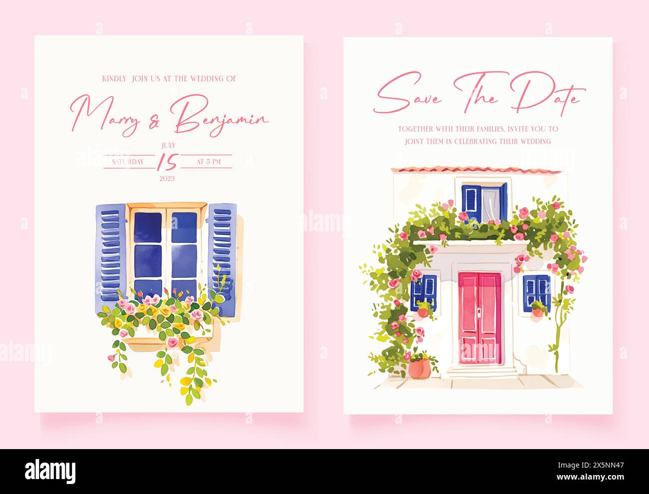 Wedding invitation of nature landscape with wooden door view watercolor ...