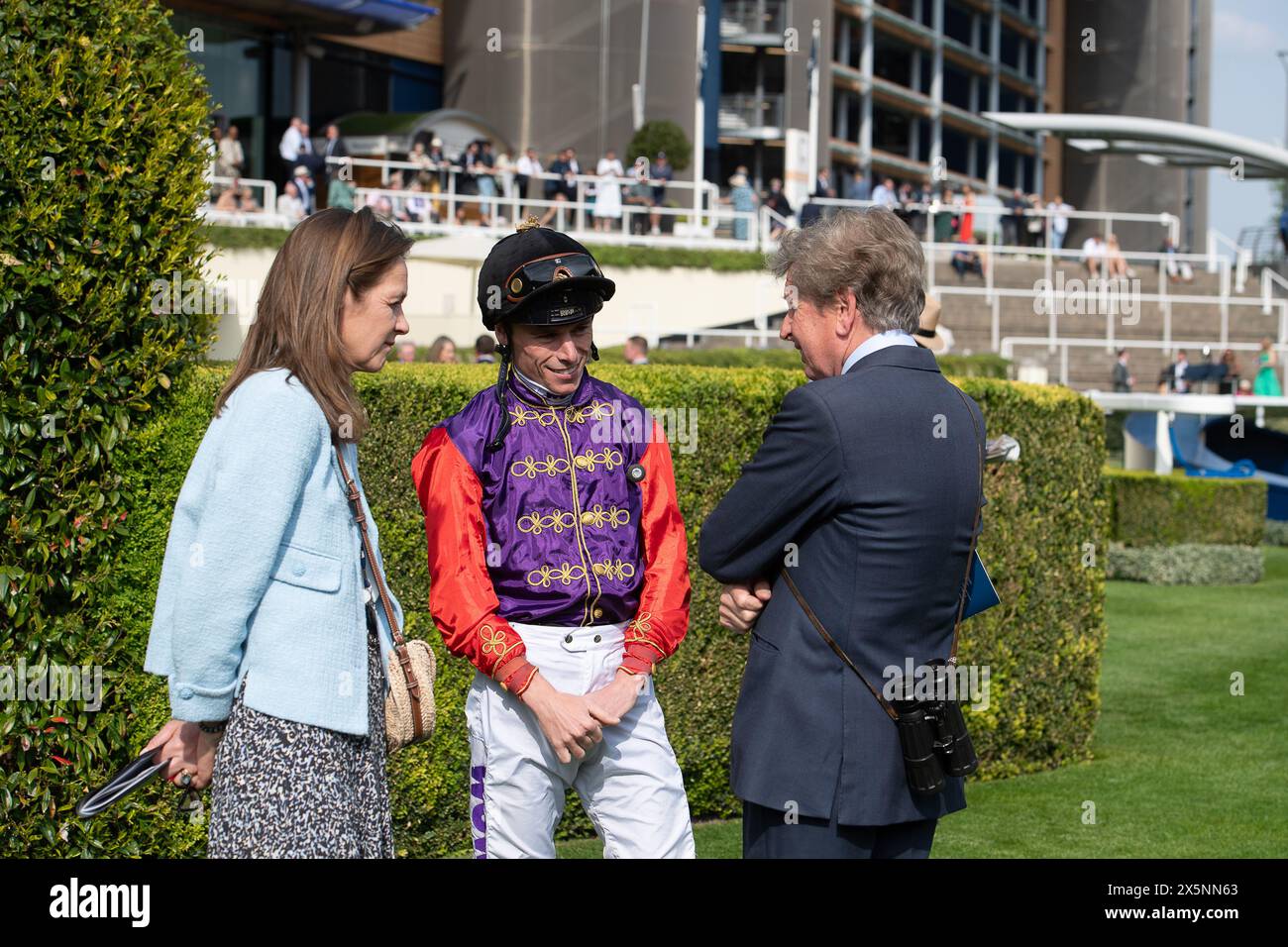 Ascot, Berkshire, UK. 10th May, 2024. Jockey Kieran Shoemark talks to ...