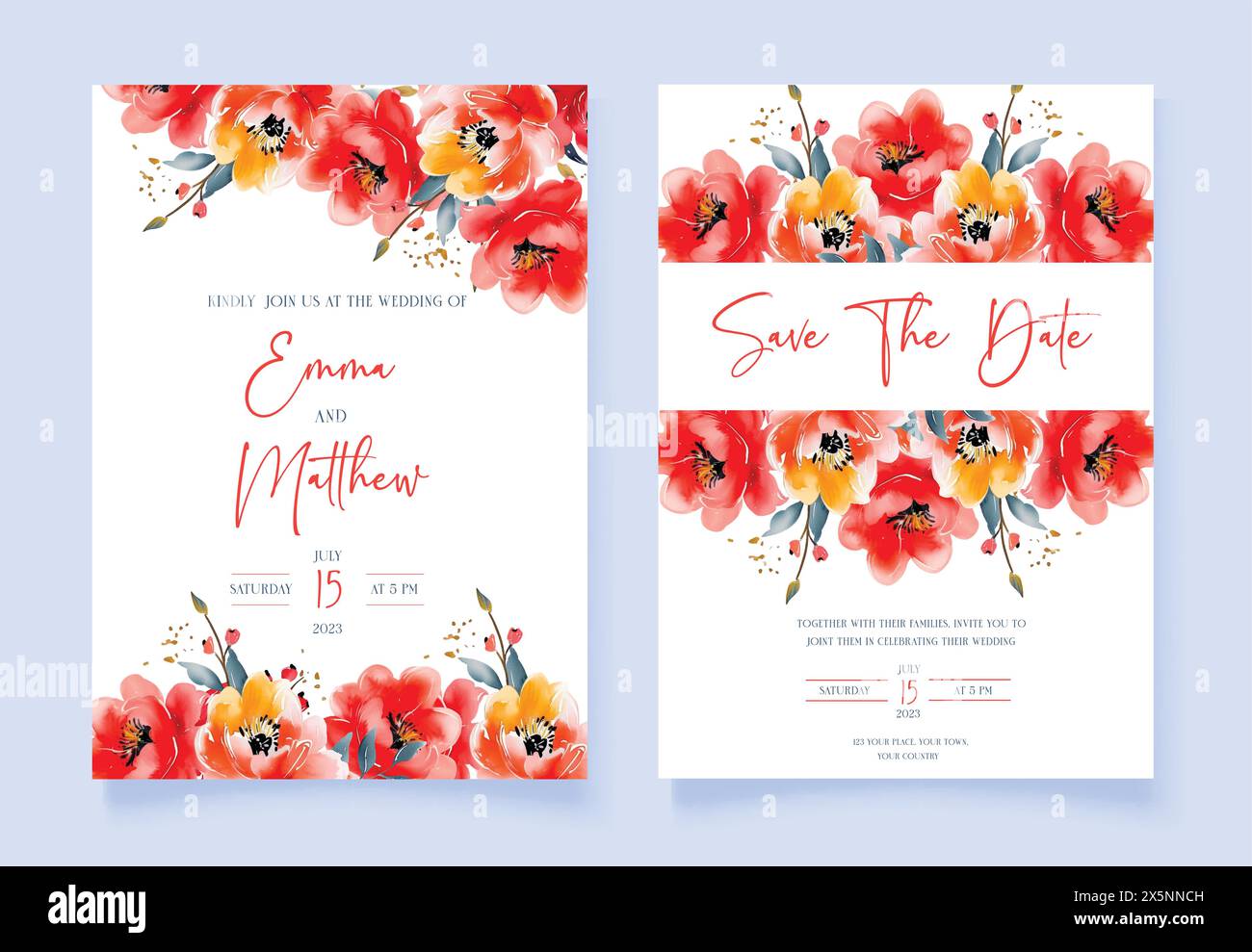 Wedding floral invite, invitation save the date card design with red and white garden rose ...