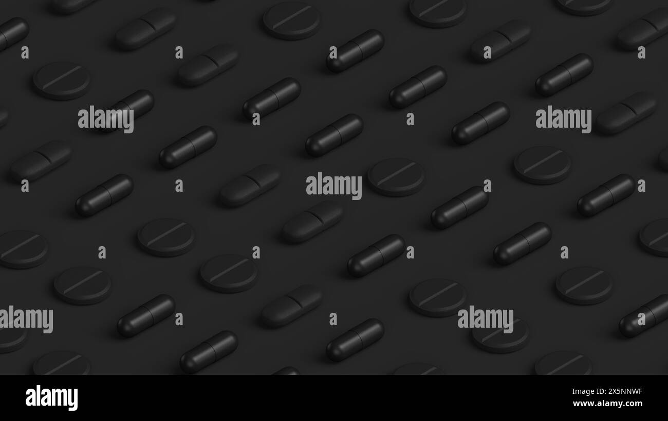 Many black capsules, tablets and pills on black background, tablet grid ...