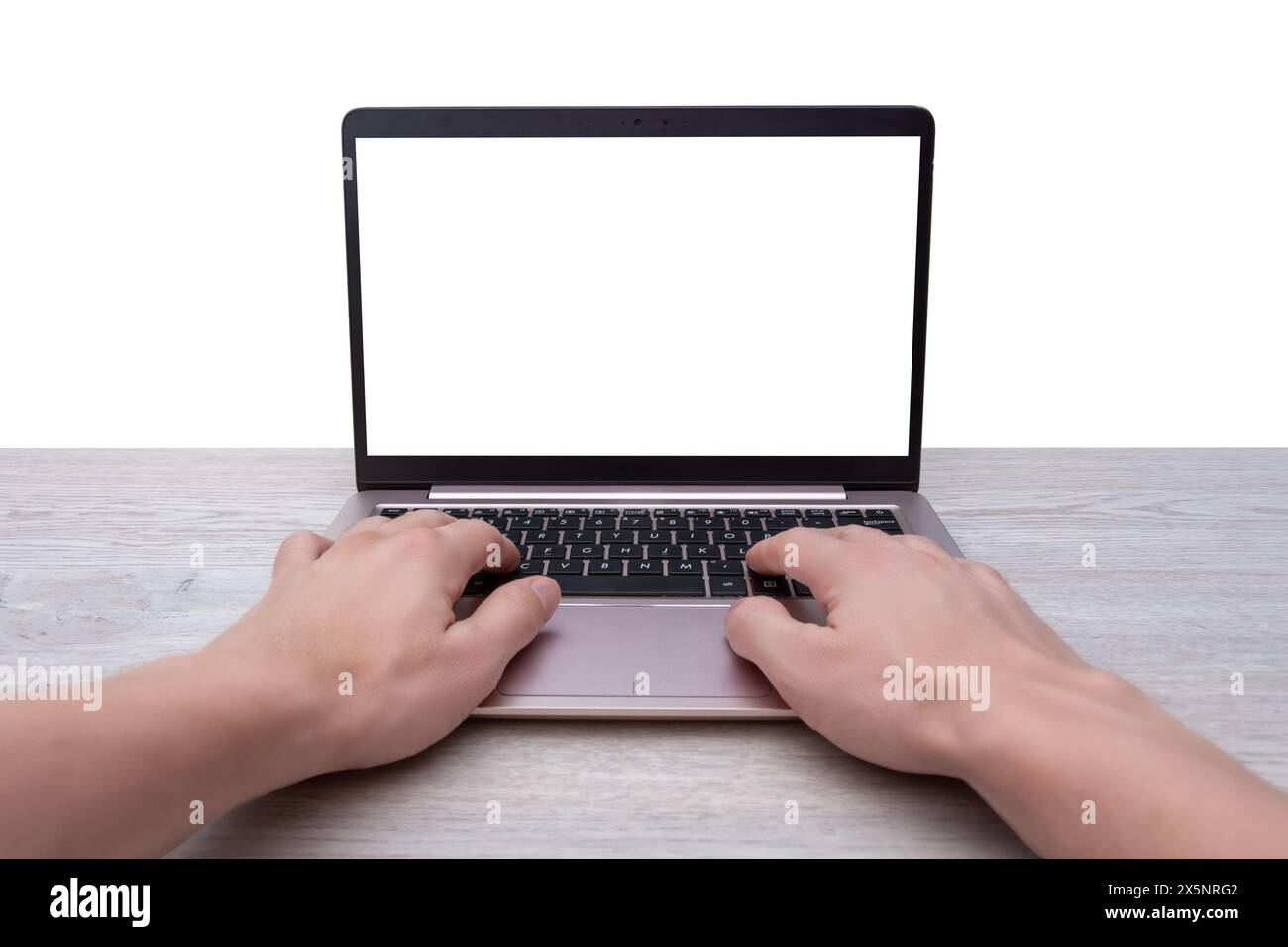 Hands typing on laptop with isolated screen for mockup, web page ...