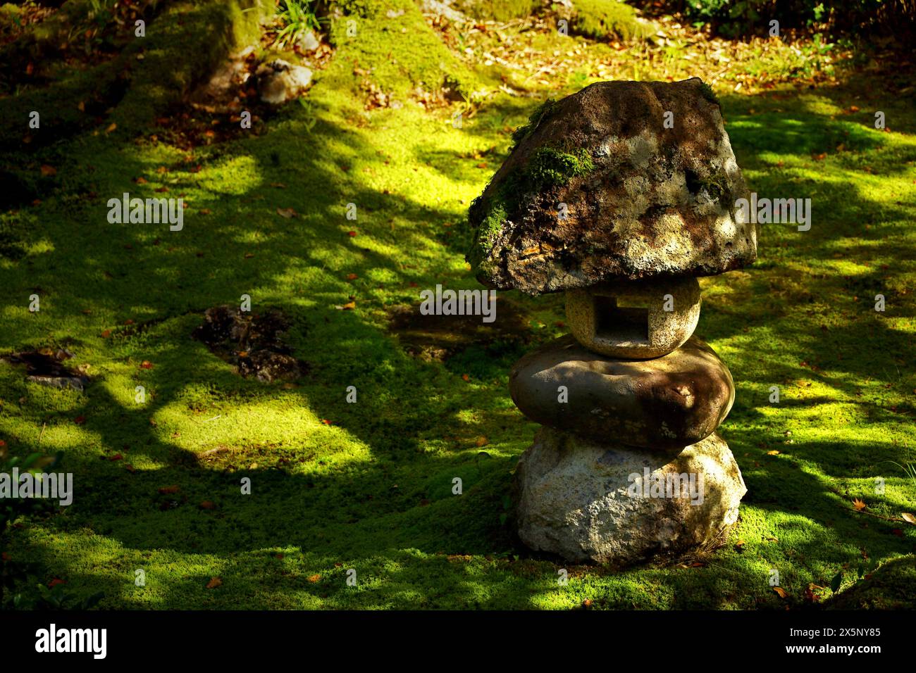 An old stone lantern placed in a moss-covered Japanese garden Stock ...