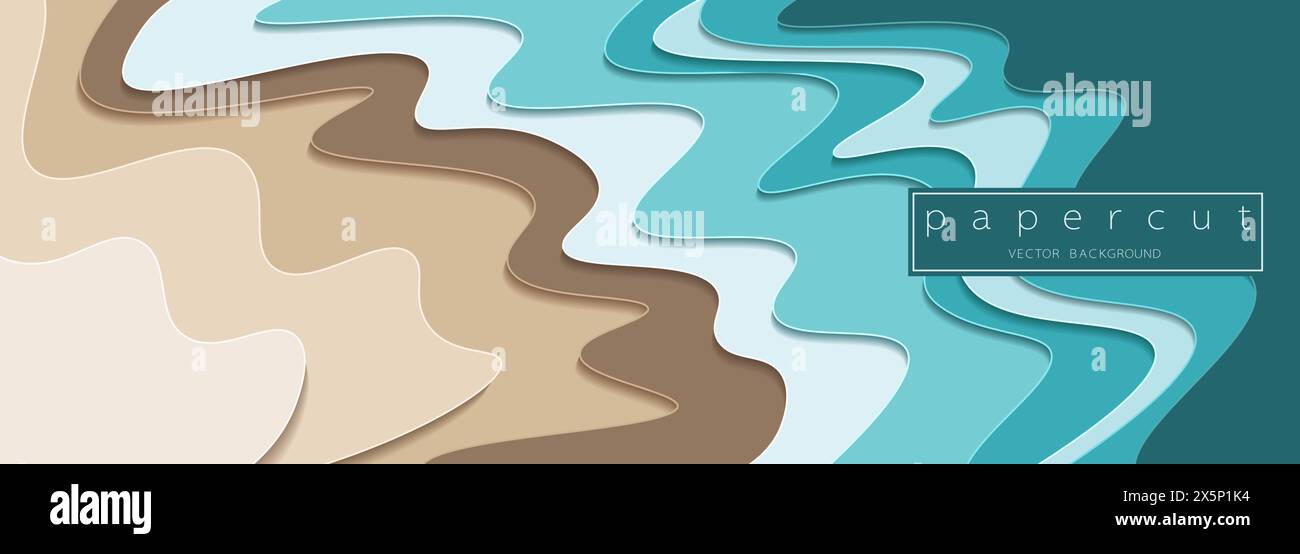 Paper cut turquoise water waves and sand beach background. Cutout ...