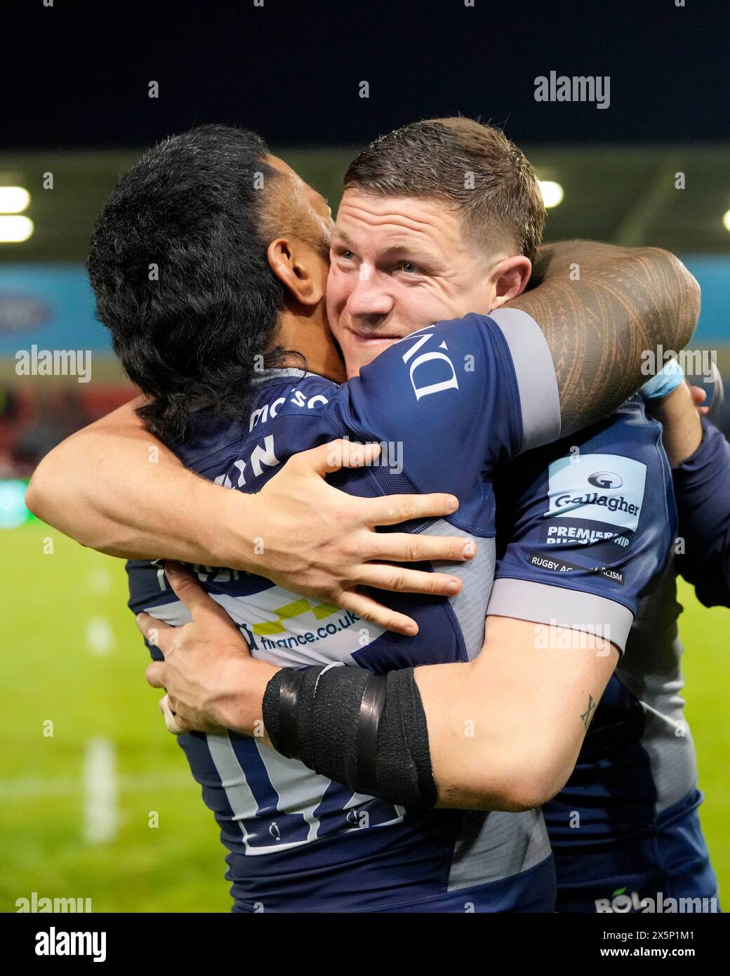 Sale Sharks full back Sam James hugs Sale Sharks centre Manu Tuilagi after both players played ...