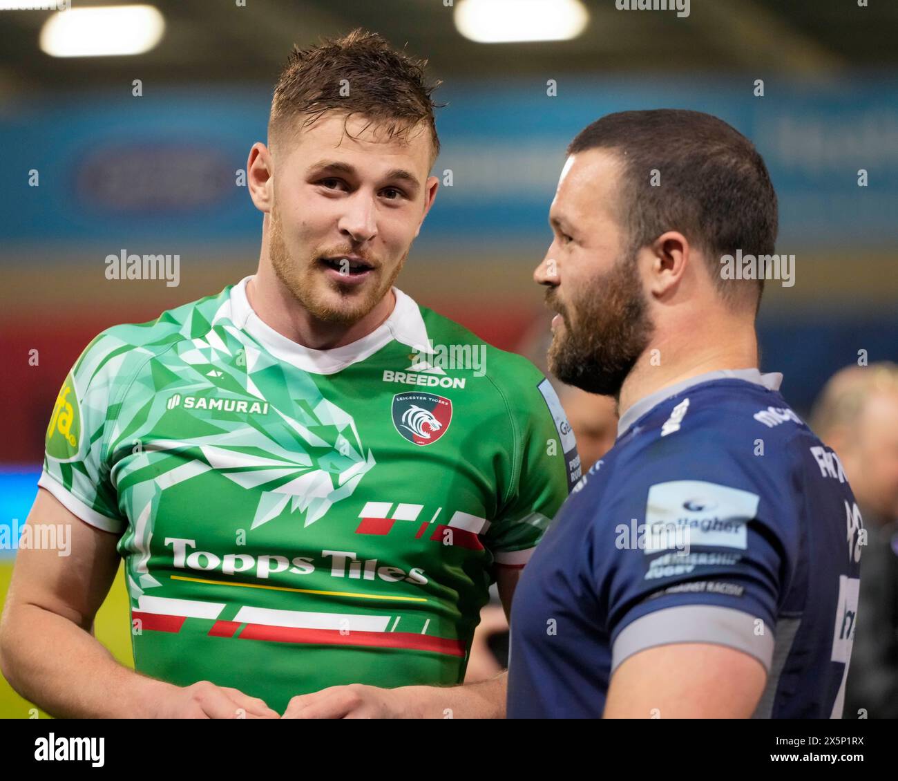 Sale Sharks prop Bevan Rodd speaks with Leicester Tigers full-back ...