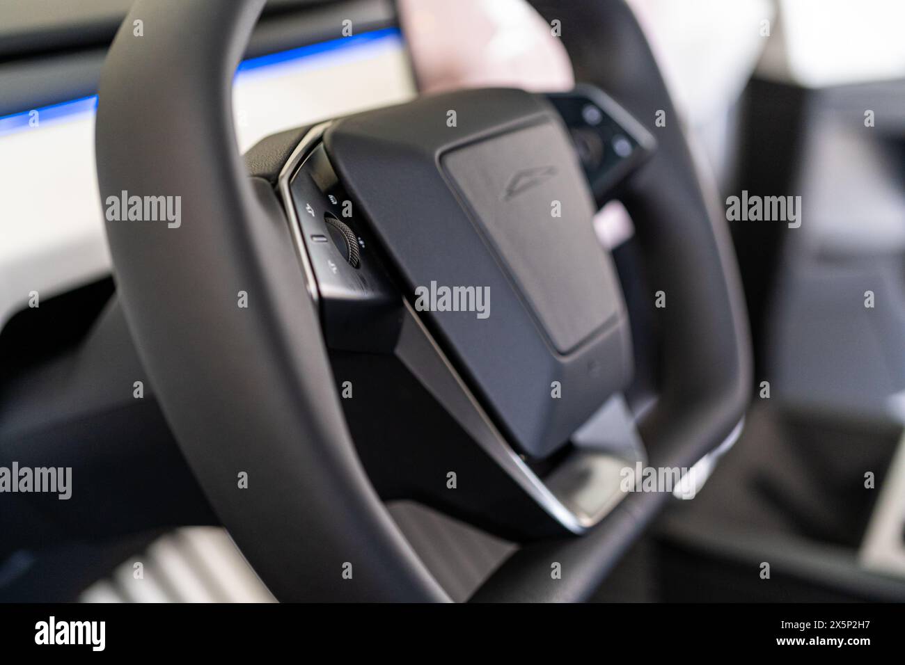 Close-Up View of the Steering Wheel in a Tesla Cybertruck Stock Photo ...