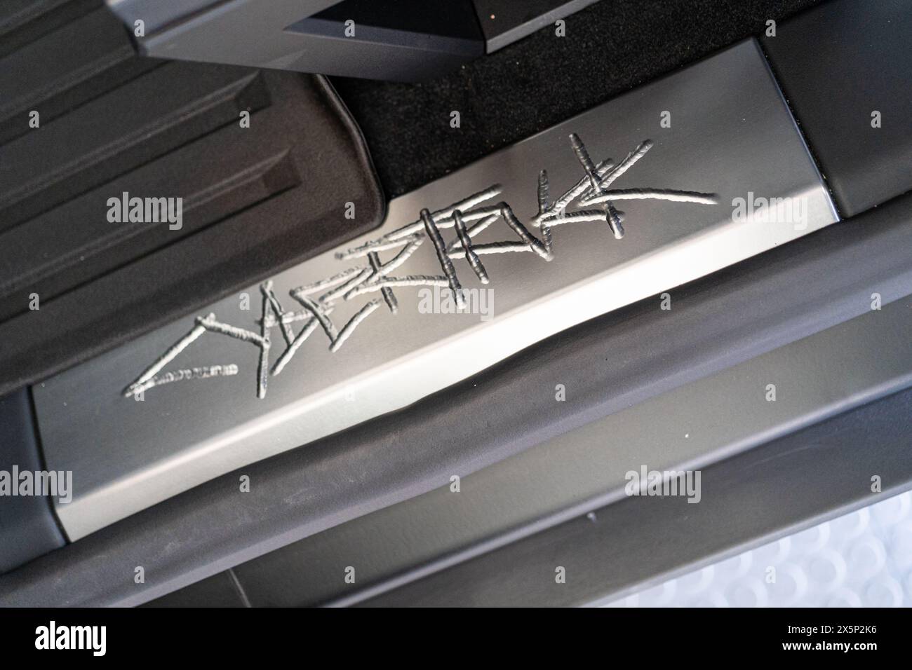 Close-Up of Tesla Cybertruck Signature Metal Engraving Stock Photo - Alamy
